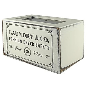 Adore Galore Decor Dryer Sheet Dispenser – Neat Wood Dryer Sheet Holder for Fabric Softener Sheets with Metal Dispensing Push Plate and 2 Laundry Signs - Farmhouse Laundry Room Decor (Ivory)