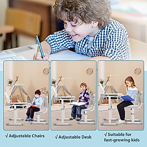 Rengue Kids Desk and Chair Set Height Adjustable School Study Desk and Chair with 55° Tiltable Desktop, 3 Modes&3 Brightness LED Lamps, Storage Drawer and Metal Hook for Boys Girls, Grey