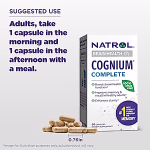 Natrol Cognium Complete, Dietary Supplement for Brain Health, Brain Health Supplements for Adults, 60 Capsules, 30 Day Supply