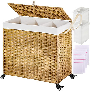 Greenstell Laundry Hamper with Wheels&Lid, 140L Large 3 Sections Clothes Hamper with 2 Types Removable Liner Bags, 5 Mesh Laundry Bags, Handwoven Divided Laundry Basket for Clothes, Natural