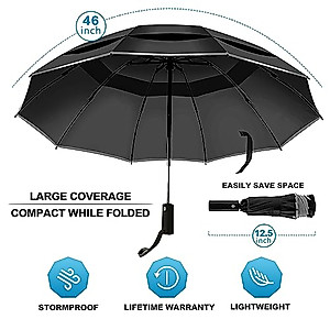 Trenovo Travel Inverted Umbrella - 10 Ribs Automatic Folding Reverse Umbrella, Upside Down Reflective Umbrella, Compact Windproof Umbrella with Double Vented Canopy for Women Men - Black
