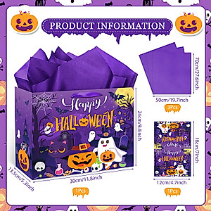 Large Halloween Party Gift Bag, Purple Halloween Paper Bags with Handle Halloween Tissue Paper Cute Pumpkin Skeleton Ghost Halloween Birthday Party Favors Decor for Trick or Treat Party Supplies