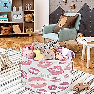 Kiss Print Large Round Baskets for Storage Laundry Baskets with Handles Blanket Storage Basket for Bathroom Shelves Bins for Organizing Nursery Hamper Girl Boy