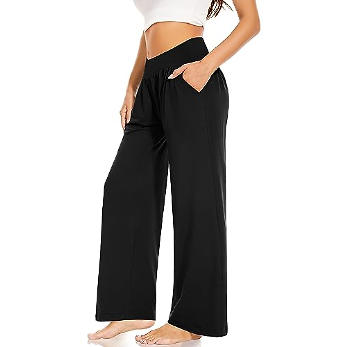 SUNYAA Womens Wide Leg Yoga Pants High Waisted Flowy Casual Loose Comfy Lounge Palazzo Sweatpants Pajamas with Pockets Black S