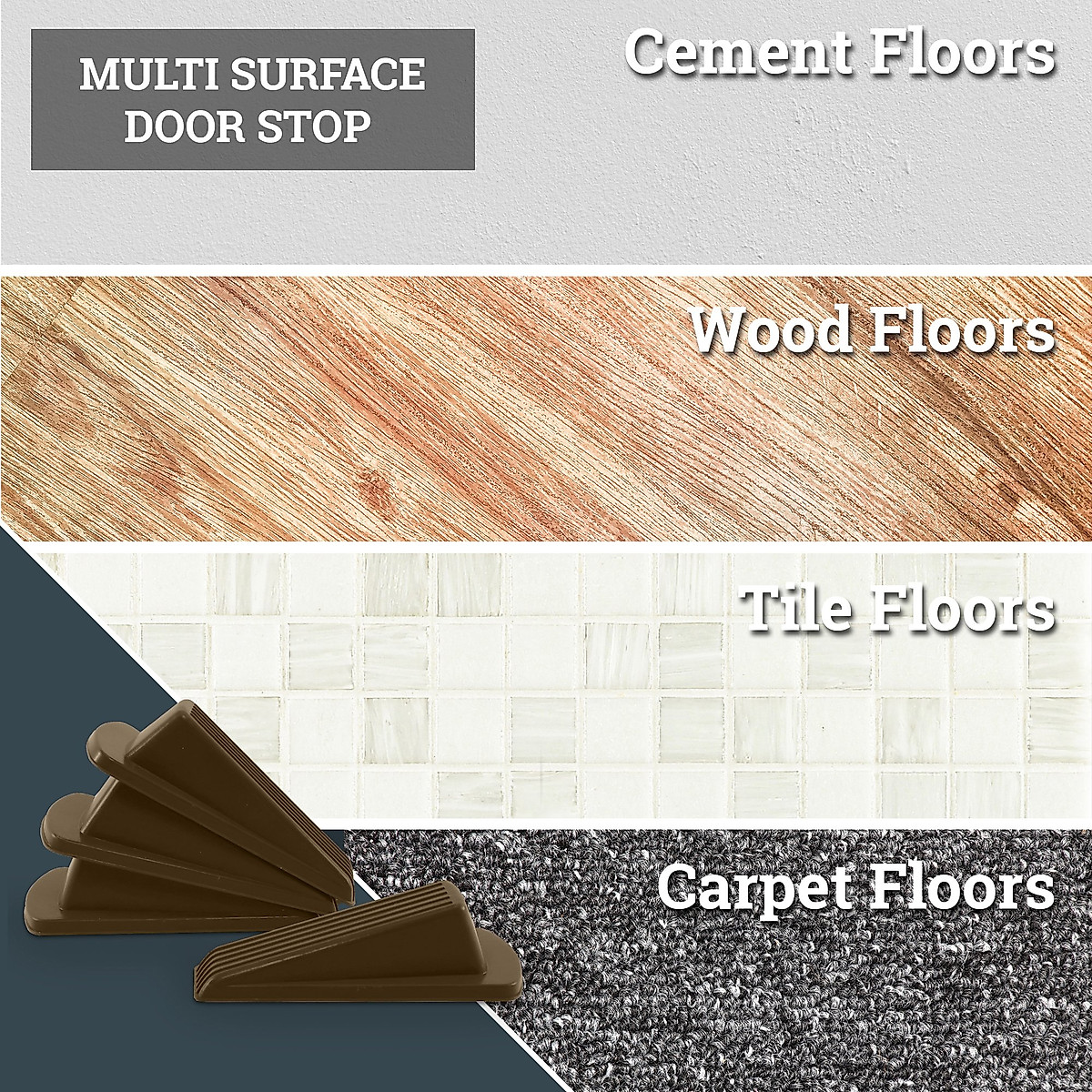 Rubber Door Stoppers for Bottom of Door - Security Wedge Door Stops for Concrete, Tile and Carpet Floors - Heavy Duty (4 Pack, Brown)