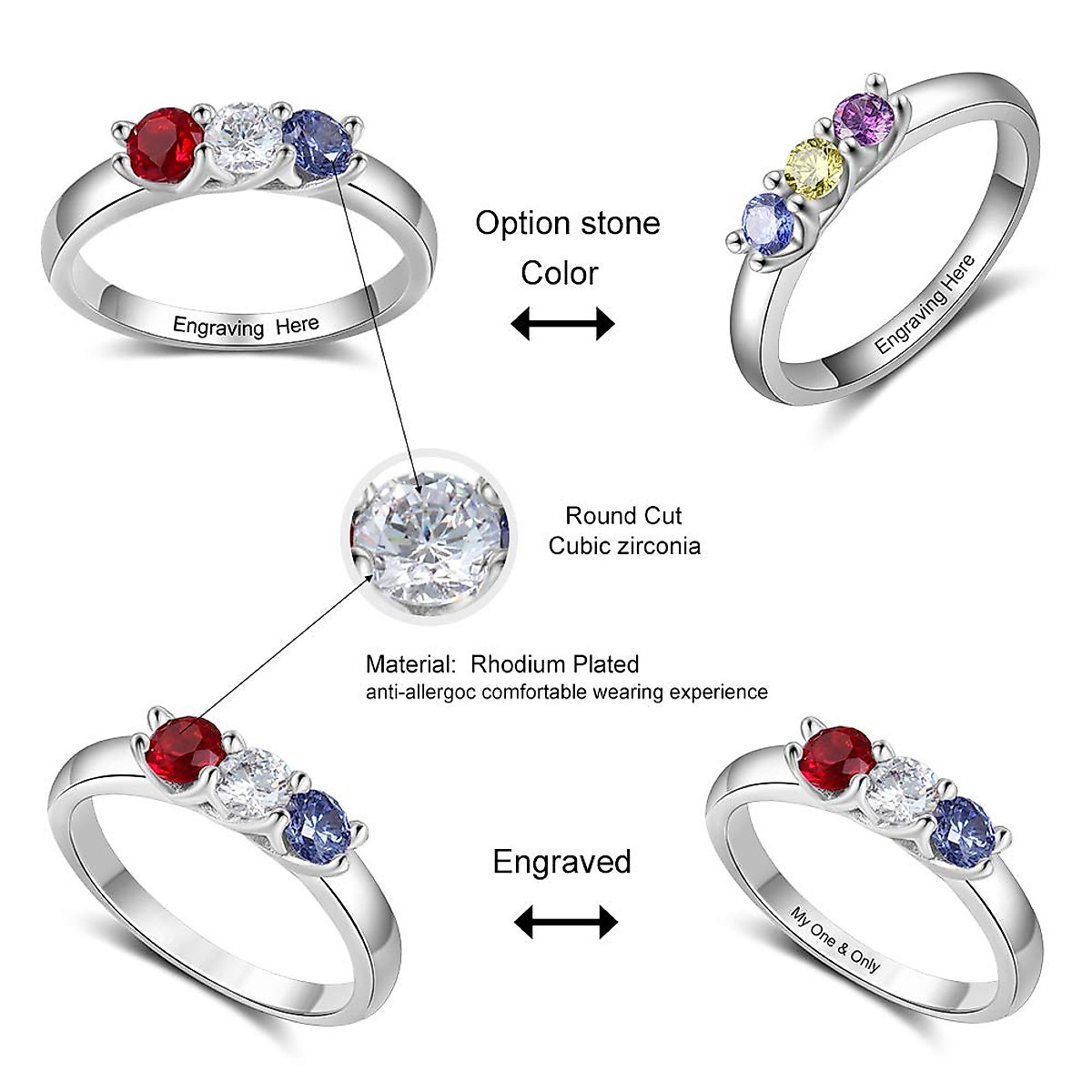Personalized Mothers Rings with 3 Children Simulated Birthstones Mom Nana Rings Anniversary Rings for Women (3 Stones, 8)