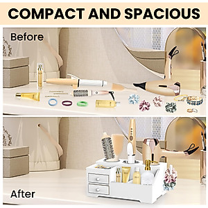FINECLICK Hair Tool Organizer, Wood Hair Dryer and Styling Stand, Bathroom Countertop Blow Dryer & Flat/Curling Iron Holder with Drawers, Vanity Caddy Storage for Toiletries, Accessories & Makeup