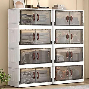 YSSOA Plastic Storage Bins with Lids, 200 Qt (50 Gal) Storage Cabinet, 5 Pack Stackable Beige Closet Organizer, 20.5 x 11.4 x 52.4Inch Foldable Plastic Storage Container with Door