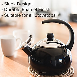 Farberware Luna Water Kettle, Whistling Tea Pot, Works For All Stovetops, Porcelain Enamel on Carbon Steel, BPA-Free, Rust-Proof, Stay Cool Handle, 2.5qt (10 Cups) Capacity (Black)
