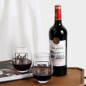 Jogskeor Mom Off Duty Dad Off Duty Stemless Wine Glass Set, New Parents Gifts, First Time Parents Gifts for Couples, Mommy Daddy, New Dad Mom, Best Gift for expecting Mother and Father, 15oz