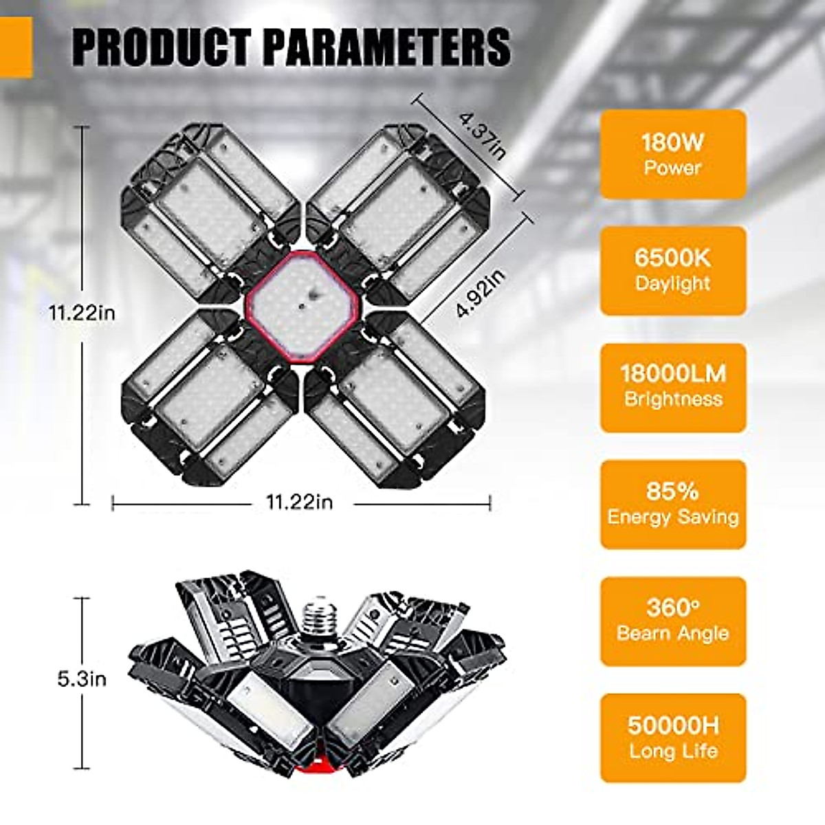 Led Garage Light 180W, 18000LM LED Garage Ceiling Lighting with E26/E27 Ceiling Shop Work Lamp, 6500K Deformable LED Shop Light with 12+1 Adjustable Panels Lights for Garage, Workshop, Attic, Basement