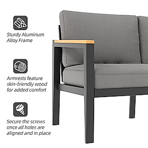 IDEALHOUSE Aluminum Patio Furniture Set,4 Piece Modern Outdoor Conversation Sets with 4 inch Cushion & Tempered Glass Table Outside Furniture Sets Dark Grey