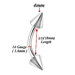 bodyjewellery 4pcs 14g Curved Barbell Septum Cartilage Earring Eyebrow Nose Lip Tragus Rook Daith Conch Stud Steel 4mm Spike - 8mm