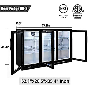 Beer Back Bar Cooler 3 Glass Door (Swing Door) 53" Width Beer Fridge NSF Certified Beverage Refrigerator 11.8 cu.ft Under Counter Height 35°-46°F Black bb3dup