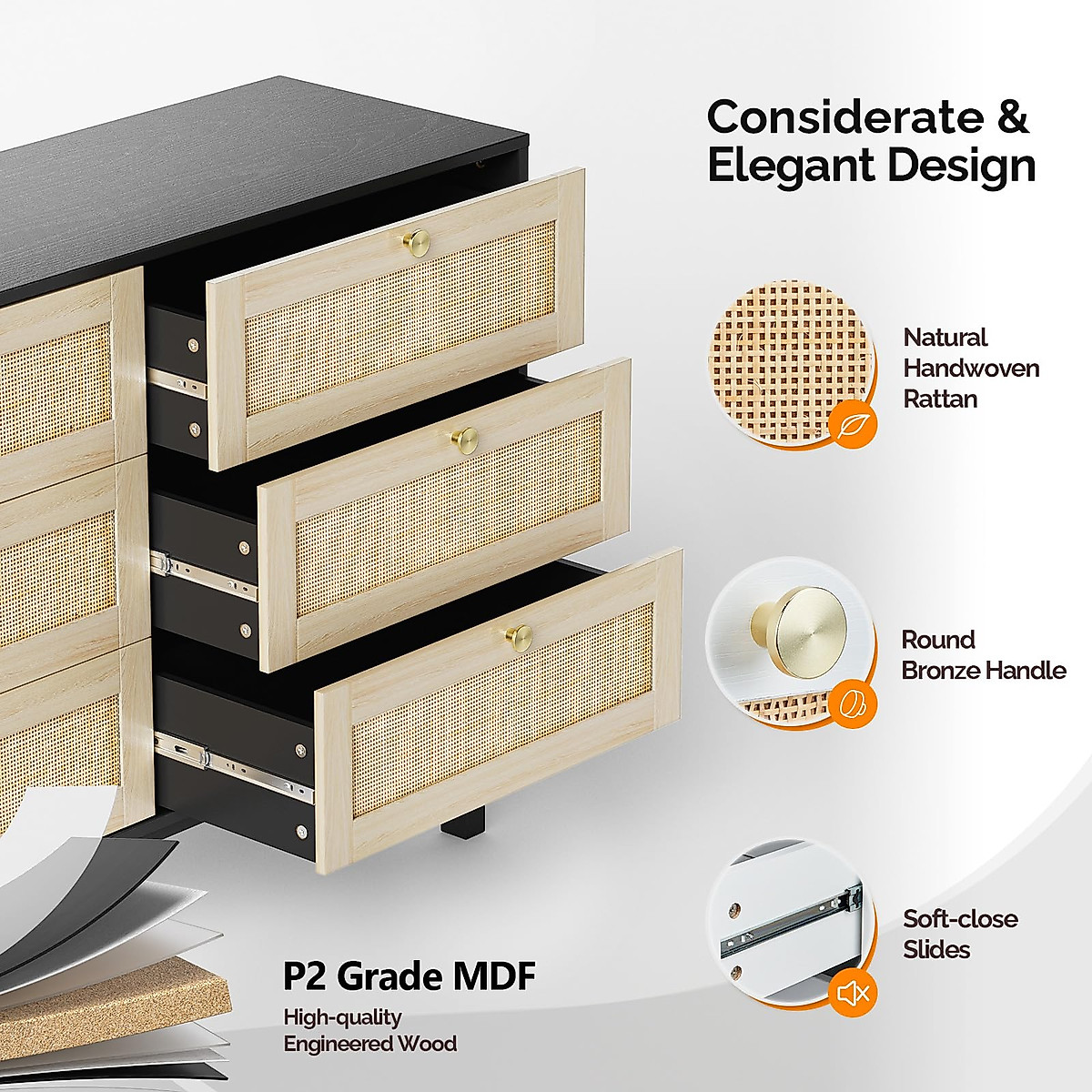 VINGLI Rattan Dresser Mid Century Modern Dresser 6 Drawers, 47.2" (W) x 15.7" (D) x 33.5" (H) Boho Bedroom Furniture Black Wicker Dresser Bohemian