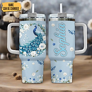 Hyturtle Personalized Floral Peacock 2D Print Tumbler - Peacock Gifts For Women - Animal Present For Peafowls Lover Her - Mothers Day Present For Mom - Custom Travel Coffee Cup 40 oz With Lid Straw