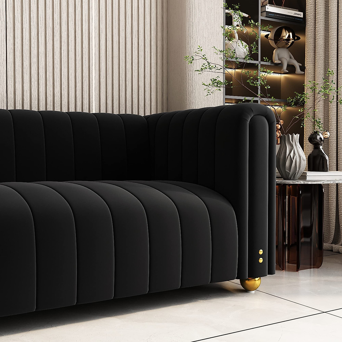 ANTTYBALE Sofa Mid Century Modern Button Tufted Velvet Living Room Couch Loveseat Sofa with Gold Metal Legs (P51-Black 2pcs)