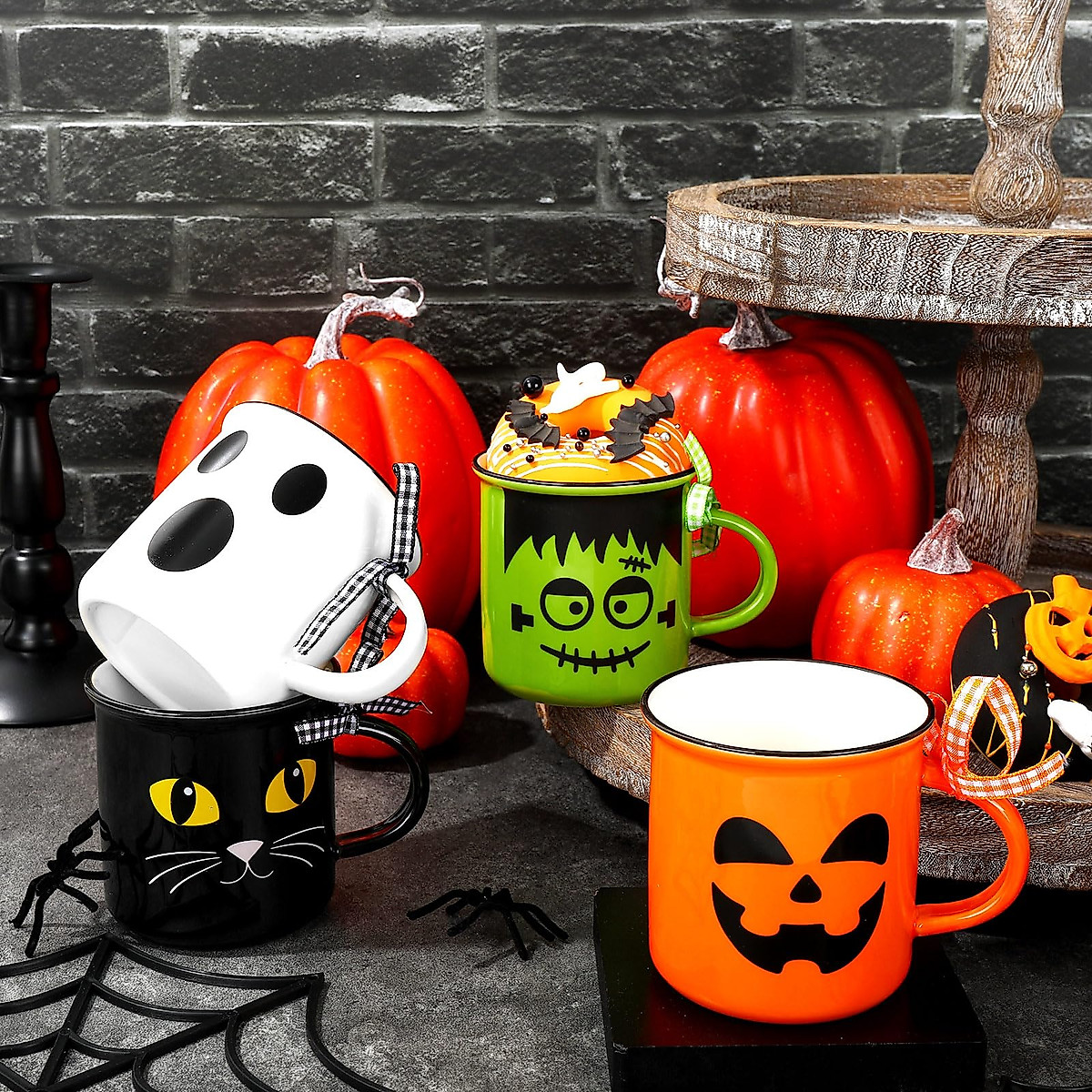 Whaline 4Pcs Halloween Mini Mugs with Plaid Ribbon Cat Monster Ghost Pumpkin Mini Coffee Mug Halloween Party Cups for Table Centerpieces Tiered Tray Decor Gifts