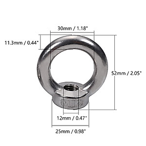 Aicosineg 4Pcs 304 Stainless Steel Eyebolts M12 Female Thread Ring Shoulder Metric EyeNuts Fastener Round Shape Lifting Eye Nut Fastener for Industrial Cables Rope Fitting Marine Silver Tone