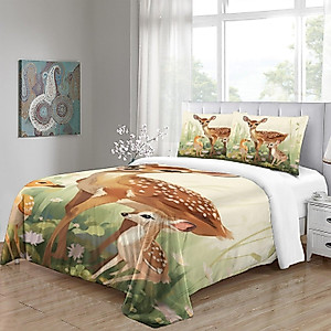 Baby Fawn Comforter Covers Duvet Cover 3D Printed Cute for Boys Girls Quilt Cover with Pillow Cases Bedding Set with Zipper Closure Soft Microfiber 2 Pieces Twin（173x218cm）