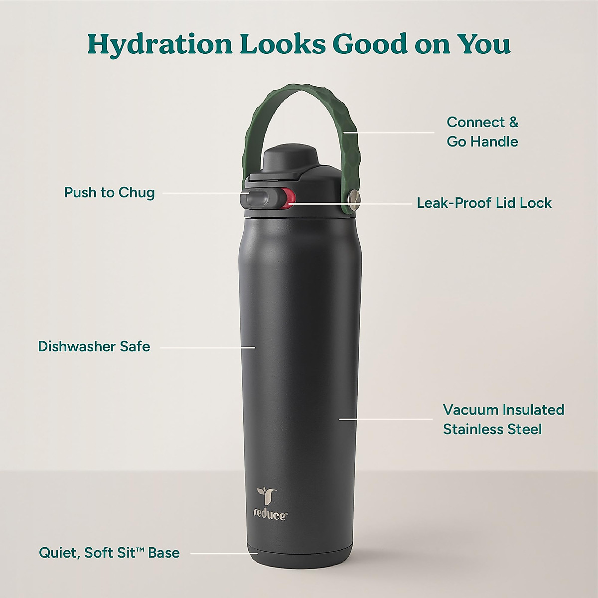 Reduce Aura Vacuum Insulated 26 oz Water Bottle - Leak-Proof & Chug Spout for Quick Hydration - Keeps Drinks Cold for 30 Hours - Removable Handle for Travel or Gym - Soft Sit Base - Phantom