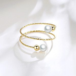 Shell Pearl Adjustable Open Wrap Ring 925 Sterling Silver 14K Gold Plated Stacking Statement Wedding Finger Rings for Women Girls Fashion Layered Comfort Fit Christmas Holiday Jewelry Gift for Girlfriend Wife