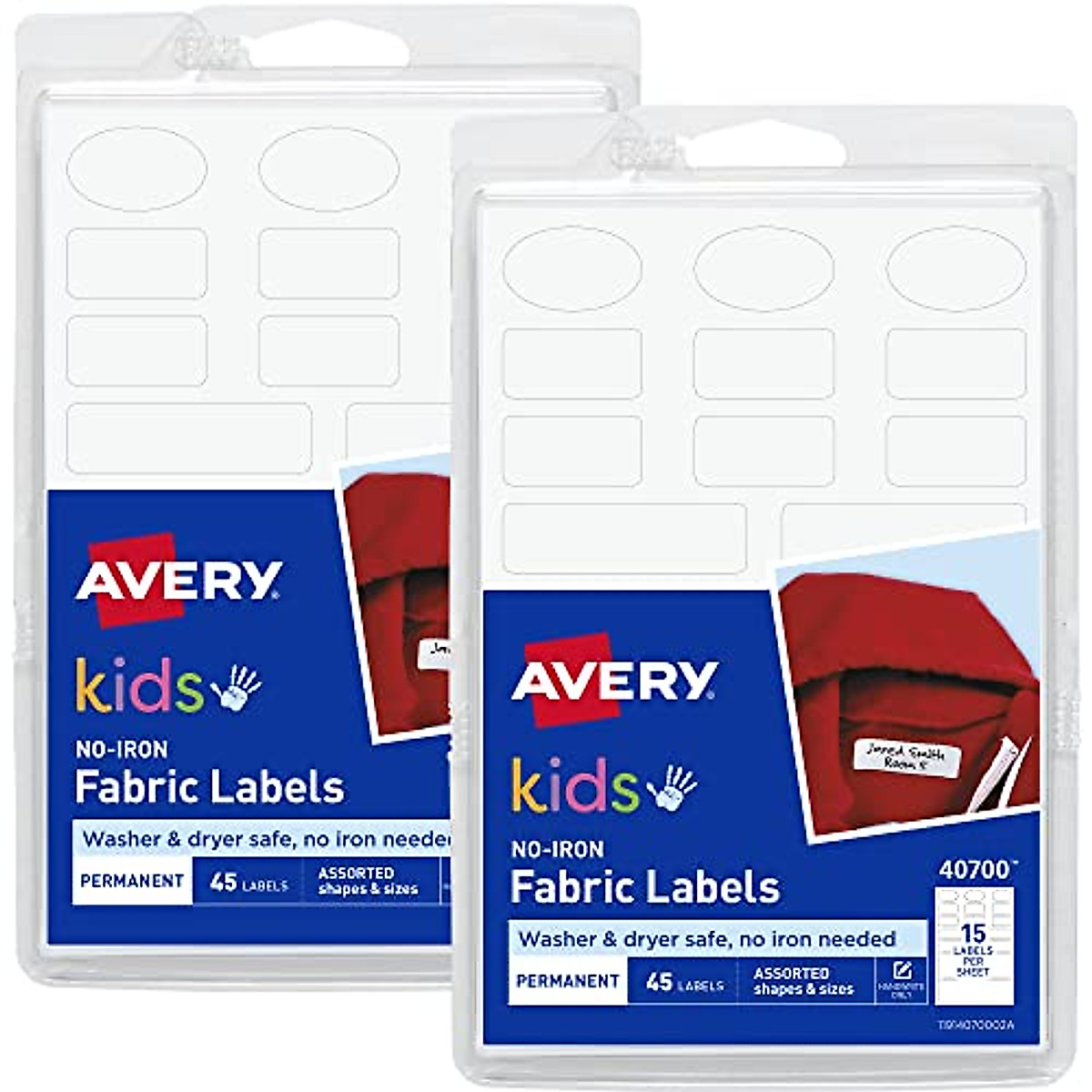 AVERY No-Iron Kids Clothing Labels, Washer & Dryer Safe, Assorted Shapes & Sizes, (2-Pack) 90 Labels (40700) & 0.75 x 1.75 Inches Durable Labels for Kids Gear, Assorted, Pack of 60 (41442)