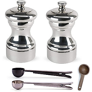 Peugeot Mignonnette Silver-Plated Salt & Pepper Mill Gift Set, 10cm/4-Inch - With 3 Stainless Steel/Wood Spice Scoops (Salt & Pepper Mill Set)