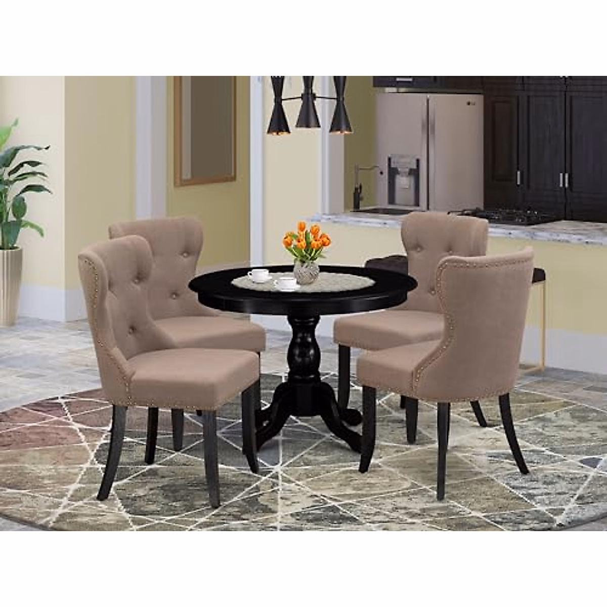 East West Furniture HBSI5-ABK-48 5 Piece Dining Room Furniture Set Includes a Round Dining Table with Pedestal and 4 Coffee Linen Fabric Upholstered Chairs, 42x42 Inch, Wirebrushed Black