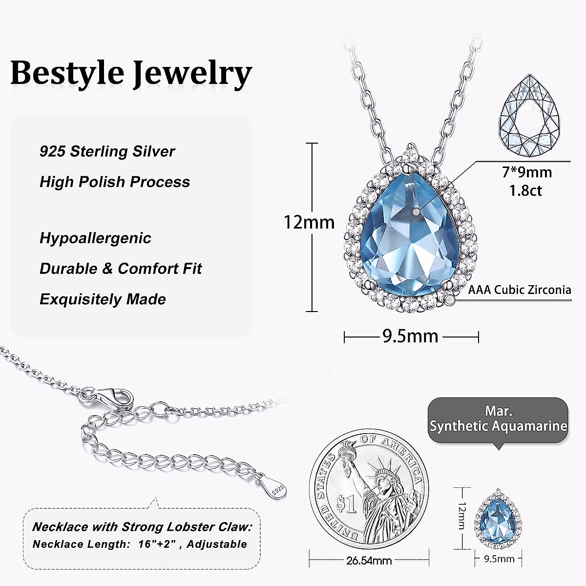 Bestyle 925 Sterling Silver Love Teardrop Cubic Zirconia Necklaces March Aquamarine Birthstone Crystal Pendant for Women, Hypoallergenic Necklaces for Sensitive Skin