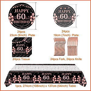 Black Rose Gold Birthday Party Supplies,Disposable Party Tableware Sets - 60 Years Paper Plates,Napkins,Plastic Forks Knives,Tablecloths,60th Birthday Decorations for Men,24 Guests