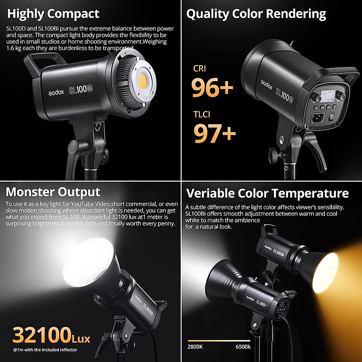 Godox SL100Bi 100W 2800-6500K White Yellow Version LCD Panel LED Video Light Continuous Output Bowens Mount Studio Light (SL100BI)