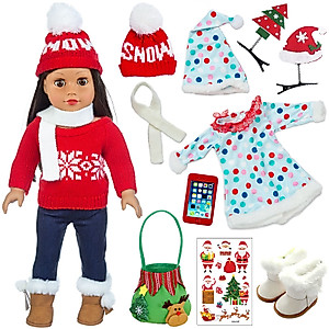 ZITA ELEMENT 2 Sets 18 Inch Girl Doll Christmas Clothes Outfits with Shoes and Christmas Accessories - 18 Inch Christmas Doll Clothes Dress Boots Hat Scarf Hairclips Bag