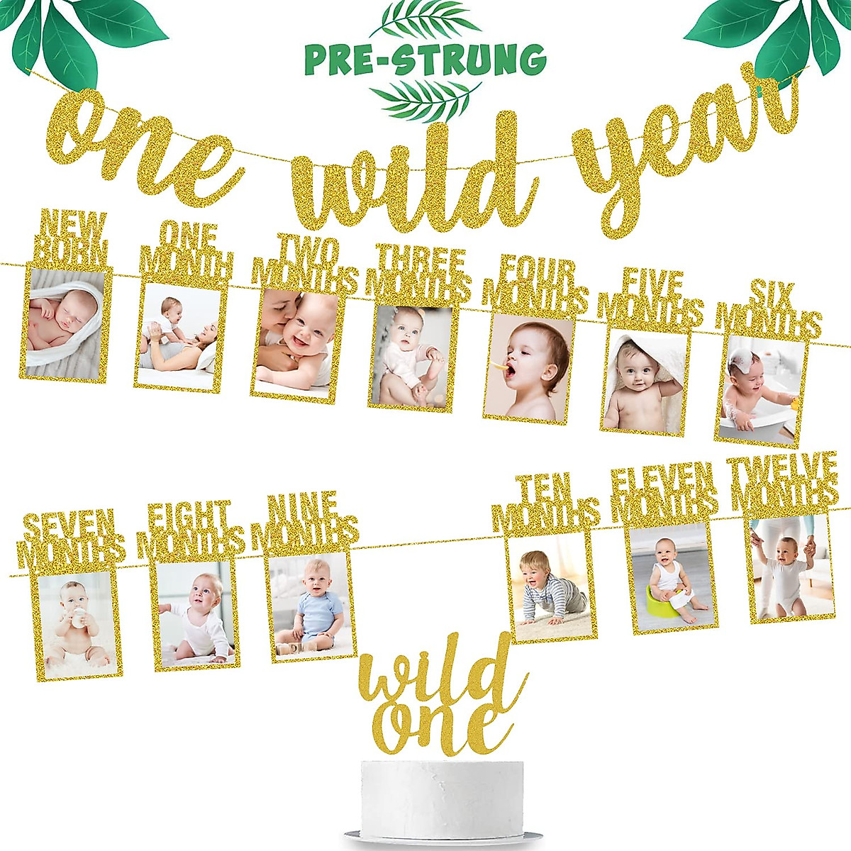 Wild One Birthday Decorations - Gold Glitter One Wild Year Banner + Baby 1st Birthday Photo Banner From Newborn to 12 Month - Safari, Jungle & Wild One Birthday Decorations