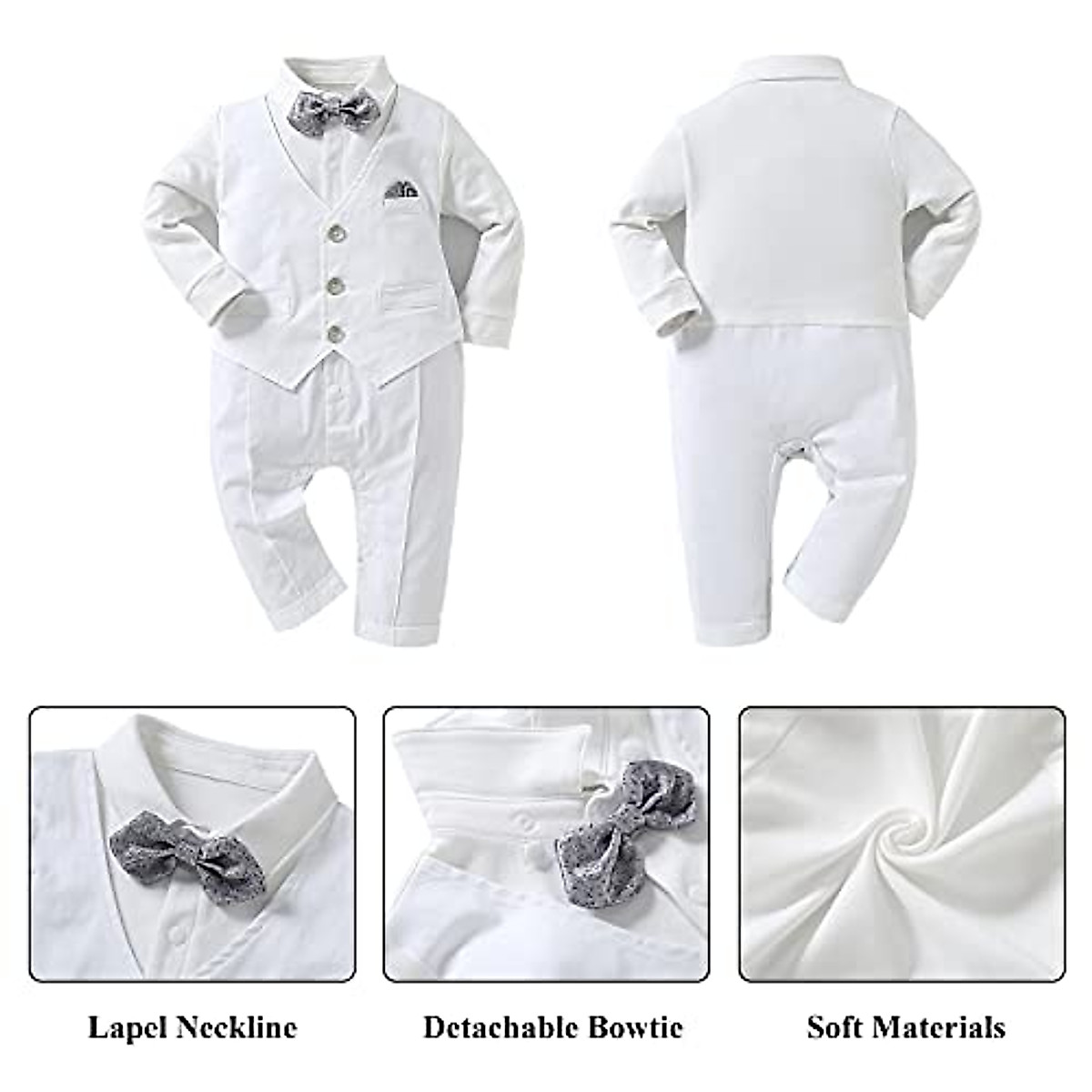 HOSUKKO Baby Suit, One-Piece Romper & Beret & Bow Tie,Toddler Boys Bowtie Outfits Sets for Special Occasion (Long Sleeve, 0-24 Months),White,3-6M
