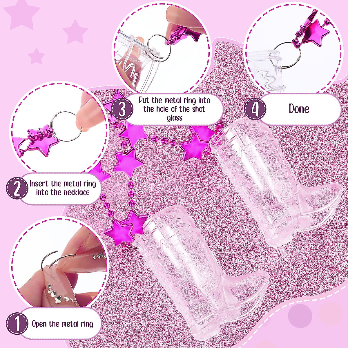 Sureio 24 Sets Cowboy Boot Shot Glass on Beaded Necklace Plastic Cowgirl Mini Boot Shot Necklace Cups Rose Red Bachelorette Party Boot Shot Glasses Necklace for Wedding Bride Birthday
