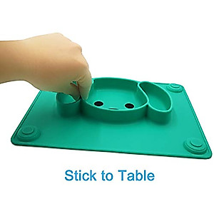 LongDear Baby Silicone Suction Placemat + Plates - Food Feeding Divided Mat for Kids and Toddlers Fits Most Highchair Trays - Dishwasher and Microwave Safe 2 Pack (Blue & Green)