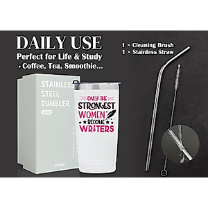 Onebttl Writer Gifts for Women - 20oz/590ml Stainless Steel Insulated Tumbler with Straw - Graduation/Birthday/Christmas Gift for Writers, Novelist, Scriptwriter - Strongest, White