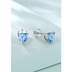 Vito 925 Sterling Silver Birthstone March Stud Earrings for Women, Cubic Zirconia Hypoallergenic Heart Aquamarine Ear Studs Jewelry Gift for Sister Daughter on Birthday