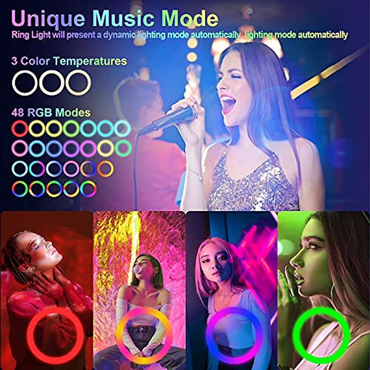 13" Selfie Ring Light with 63" Tripod Stand & 3 Phone Holder, LED Camera Ringlight with 48 RGB Colors Modes & Musical Rhythm Mode and 12 Brightness Dimmable for Makeup/Photography/Videos/Vlog/TikTok