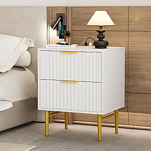 HQZX White Nightstand Set of 2 with Charging Station, Fluted Nightstand with Drawers, Modern Bedside Table with Gold Legs, End Table for Bedroom