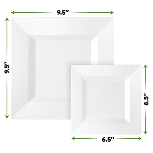 SETUP [100 Piece Combo White Square Plates, Disposable Plastic Plates - Premium Heavy-Duty 50 Disposable 9.5" Dinner Party Plates and 50 Disposable 6.5" Salad Plates