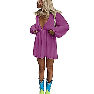 LYANER Women's Sexy Plunging V Neck Pleated Balloon Long Sleeve Short Mini Dress Solid Purple XX-Large
