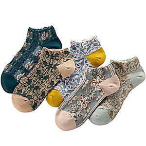 Womens Floral Socks Vintage Low Cut Ankle Socks for Women Cotton Casual Crew Socks Gifts for Women(Floral Socks-5 Pairs Blue Combo)