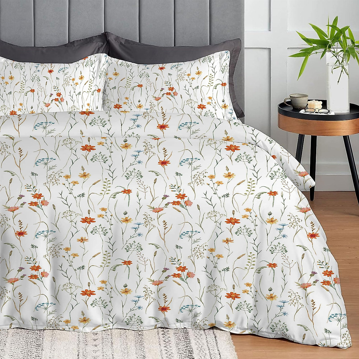 MULLEPP White Floral Duvet Cover Queen Size 3 Piece Farmhouse Yellow Botanical Flowers Leaf Pattern Microfiber Bedding Comforter Cover Set, Soft and Lightweight Quilt Cover for All Season