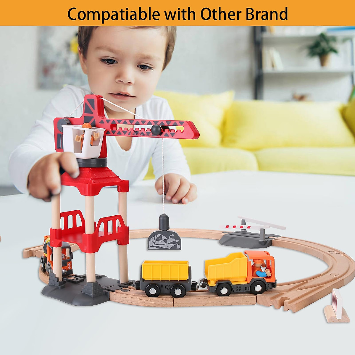 Winb Wooden Train Tracks 70pcs & Construction site Wooden Train Track, Gift Packed Toy Railway Kits for Kids, Toddler Boys and Girls Premium Wood Construction Toys-Fits 70pcs