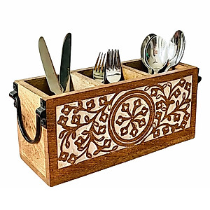 3 Compartment Farmhouse Wooden Flatware Caddy with Metal Handles for Kitchen Countertop, Silverware Caddy for Buffet Party, Rustic Wood Utensil Cutlery Holder, Bathroom Dining Table Office Organizer