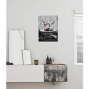 KALAWA Highland Cow Bathroom Pictures Wall Decor Funny Black and White Bathroom Decor Wall Art Pink Bubble Canvas Wall Art Home Decor for Bathroom Bedroom Framed Ready to Hang 12x16 Inch