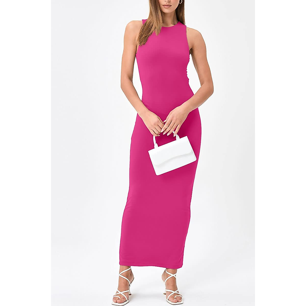 LILLUSORY Womens Hot Pink Dresses Casual Sexy Sleeveless Casual Bodycon Party Maxi Backless Summer Cute Long Y2K Dress