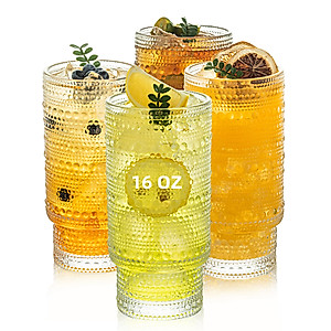 KEMORELA Elegant Highball Glassware Set - 16oz XL Glasses - Mixed Drinks, Iced Coffee, Beer, Juice, Water - Hobnail, Beaded Designs - Set of 4 | Stylish Collection for Any Occasion